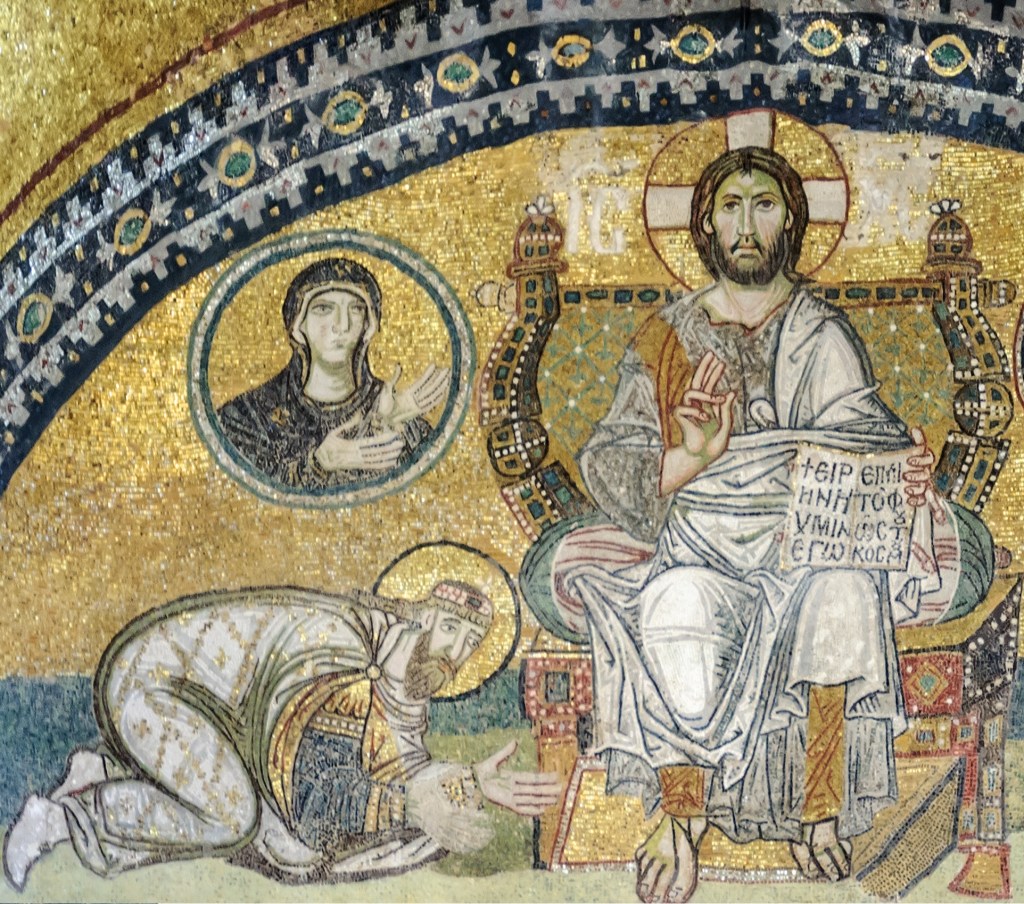 Leo (kneeling) venerating Christ from a mosaic in the Hagia Sophia ...